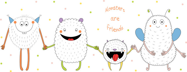 Cute monsters holding hands Royalty Free Vector Image