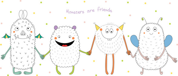 Cute monsters holding hands Royalty Free Vector Image