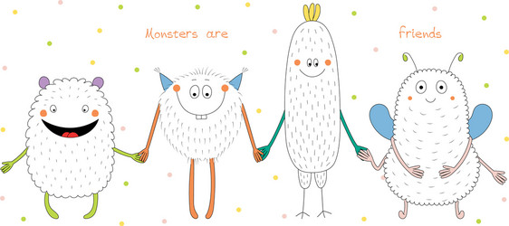 Cute monsters holding hands Royalty Free Vector Image