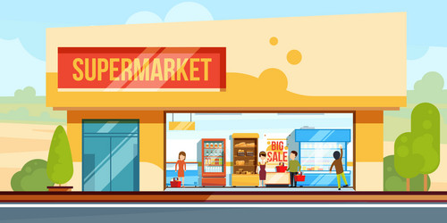 Supermarket street hypermarket building front Vector Image