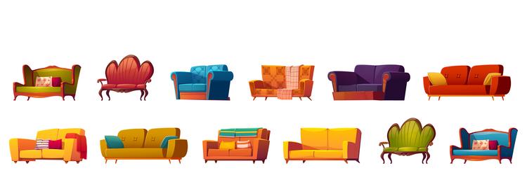 Cartoon couches and sofas furniture isolated set Vector Image