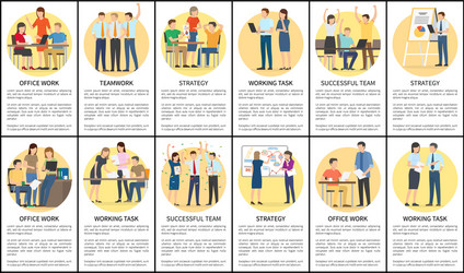 Office work posters set men women working tables Vector Image
