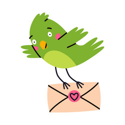 Green bird carry letter envelope flying with post Vector Image