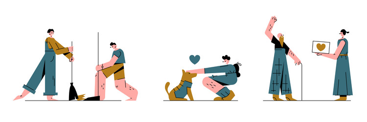 Set of cartoon characters planning their time when