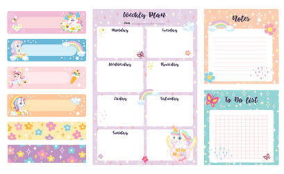 Cute unicorn weekly planner and note pages big set
