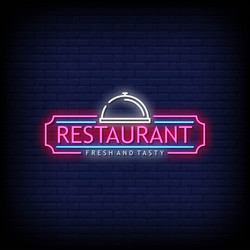 Neon sign pasta restaurant with brick wall backgro