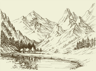 Alpine landscape drawing Royalty Free Vector Image