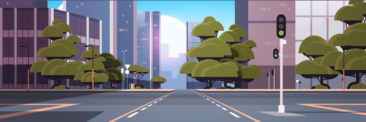 Road empty street with crossroad and traffic light