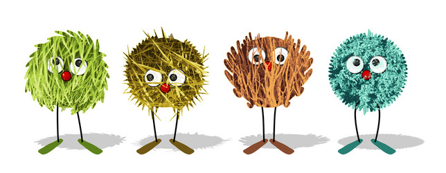 Four funny characters made with natural textures Vector Image