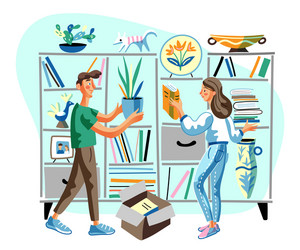 Young man taking picking a book from bookshelf Vector Image