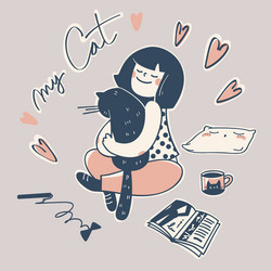 A girl with her beloved cat Royalty Free Vector Image