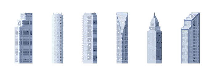 Neon pixel buildings set pixelated city landscape Vector Image