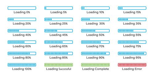 Percentage loading bar infographics icon set 0-100