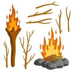 Fire and torch set of tree branches Royalty Free Vector