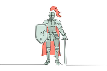 Single continuous line drawing medieval knight Vector Image