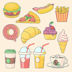 Fast food junk kawaii cute face set hamburger Vector Image