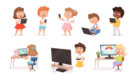 Kids using tablet with education icons Royalty Free Vector