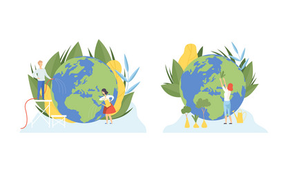 People cleaning earth planet set nature Royalty Free Vector