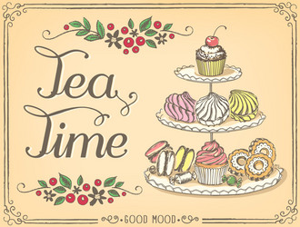 Tea time with cute cups freehand drawing sketch Vector Image