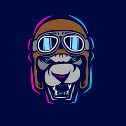 Funny funky aviator pilot lion line pop art logo Vector Image