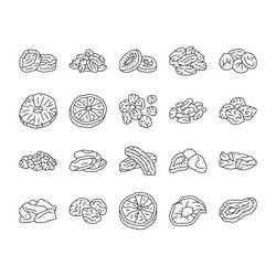 Dried fruit healthy snack icons set Royalty Free Vector