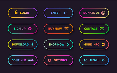 Set 21 colorful gradient buttons on dark Vector Image