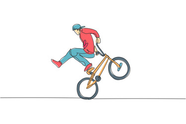 Single continuous line drawing of young bmx cycle Vector Image