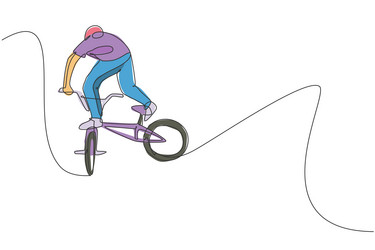 Single continuous line drawing of young bmx cycle Vector Image
