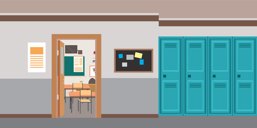 Cartoon school interior and open door in classroom