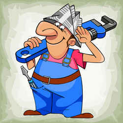 Cartoon funny man plumber in uniform showing thumb