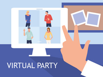 Virtual party men cartoons in front smartphone Vector Image