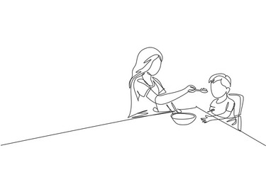 One continuous line drawing of young mom feeding Vector Image