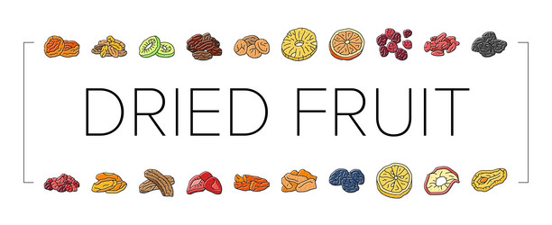 Dried fruit healthy snack icons set Royalty Free Vector