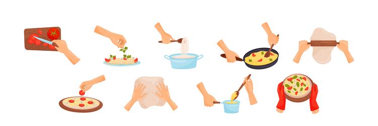 Hands preparing food process of cooking set Vector Image