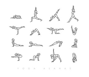 Big set of yoga poses asanas with names Royalty Free Vector