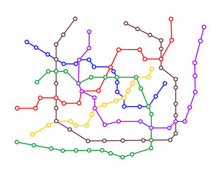 Metro map with many colored way lines and stations