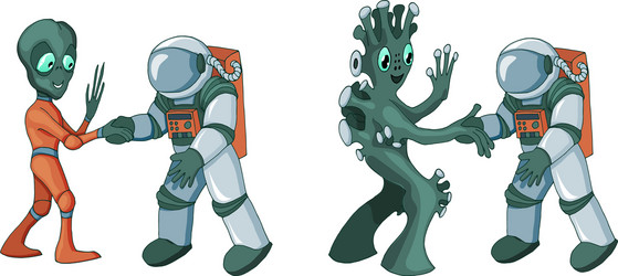 Cartoon alien meeting and handshake in space Vector Image