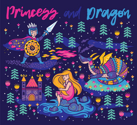 Cute cartoon fairy tale princess and dragon Vector Image