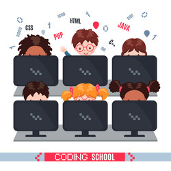 Kids learn coding on laptops in school Royalty Free Vector