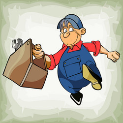 Cartoon funny man plumber in uniform showing thumb