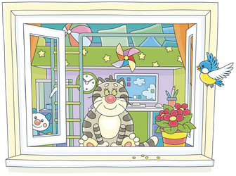 Funny cat looking out of an open window Royalty Free Vector