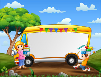 Border template with boys at night landscape Vector Image