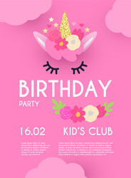 Kid birthday flyer template cute unicorn Vector Image