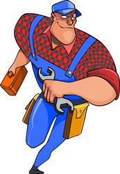 Cartoon fat man plumber with a mustache tools Vector Image