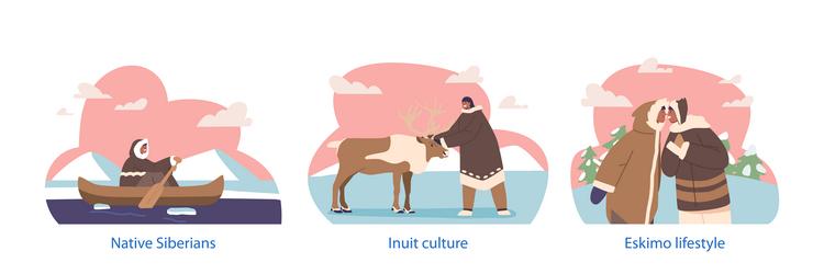 Eskimo characters riding boat greeting each other Vector Image