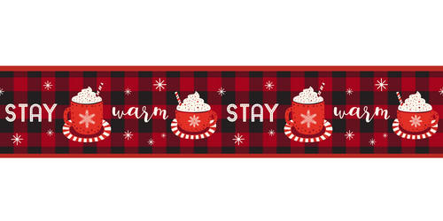Hot chocolate cups buffalo plaid seamless border Vector Image