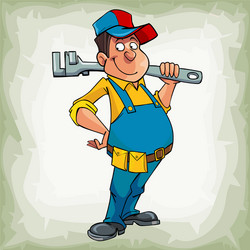 Cartoon funny man plumber in uniform showing thumb
