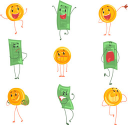 Cute funny banknotes and coins humanized Vector Image