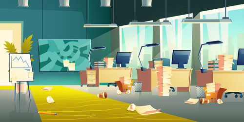 Dirty office interior empty work place garbage Vector Image