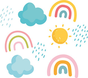 Cute rainbows clouds sun weather sky cartoon Vector Image